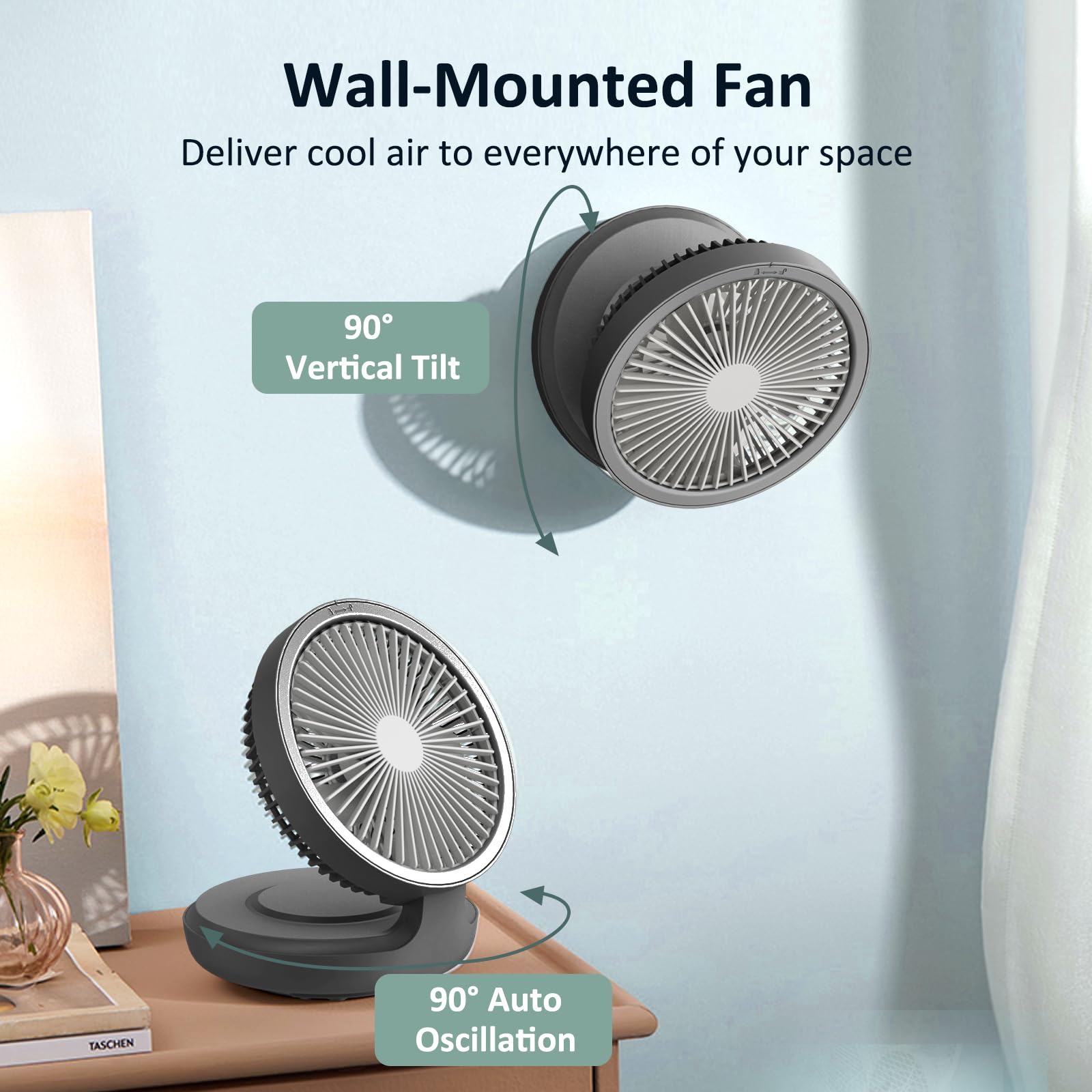 shinic Ultra Quiet Table Fan Battery Operated, 4 Speeds, Auto Oscillation, Foldable Fan for Travel, Small Wall Fan for Bedroom Home Kitchen Desktop Office, USB Rechargeable, Grey, Medium, TP2106-WH