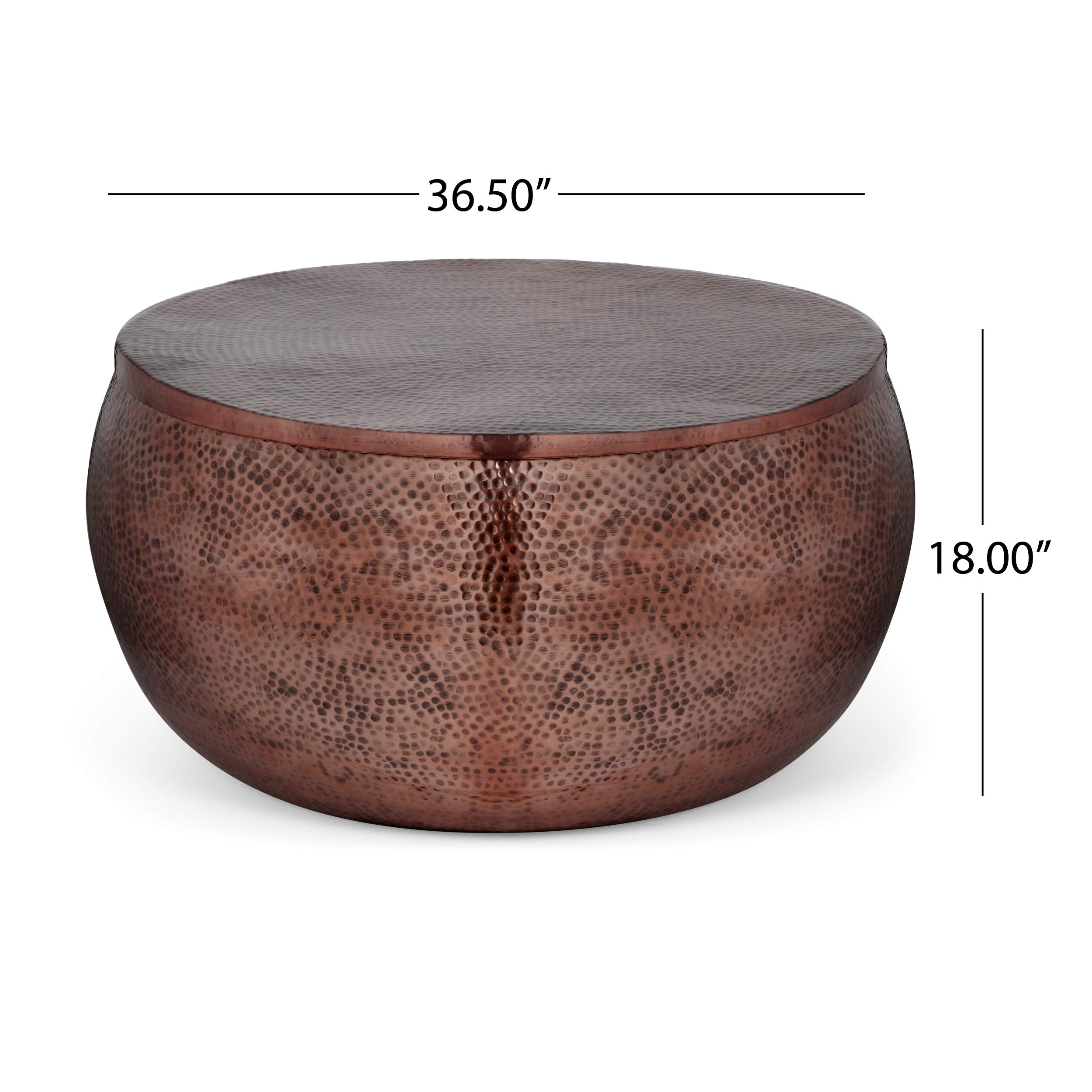 Modern Round Hammered Aluminum Storage Coffee Table, Antique Copper