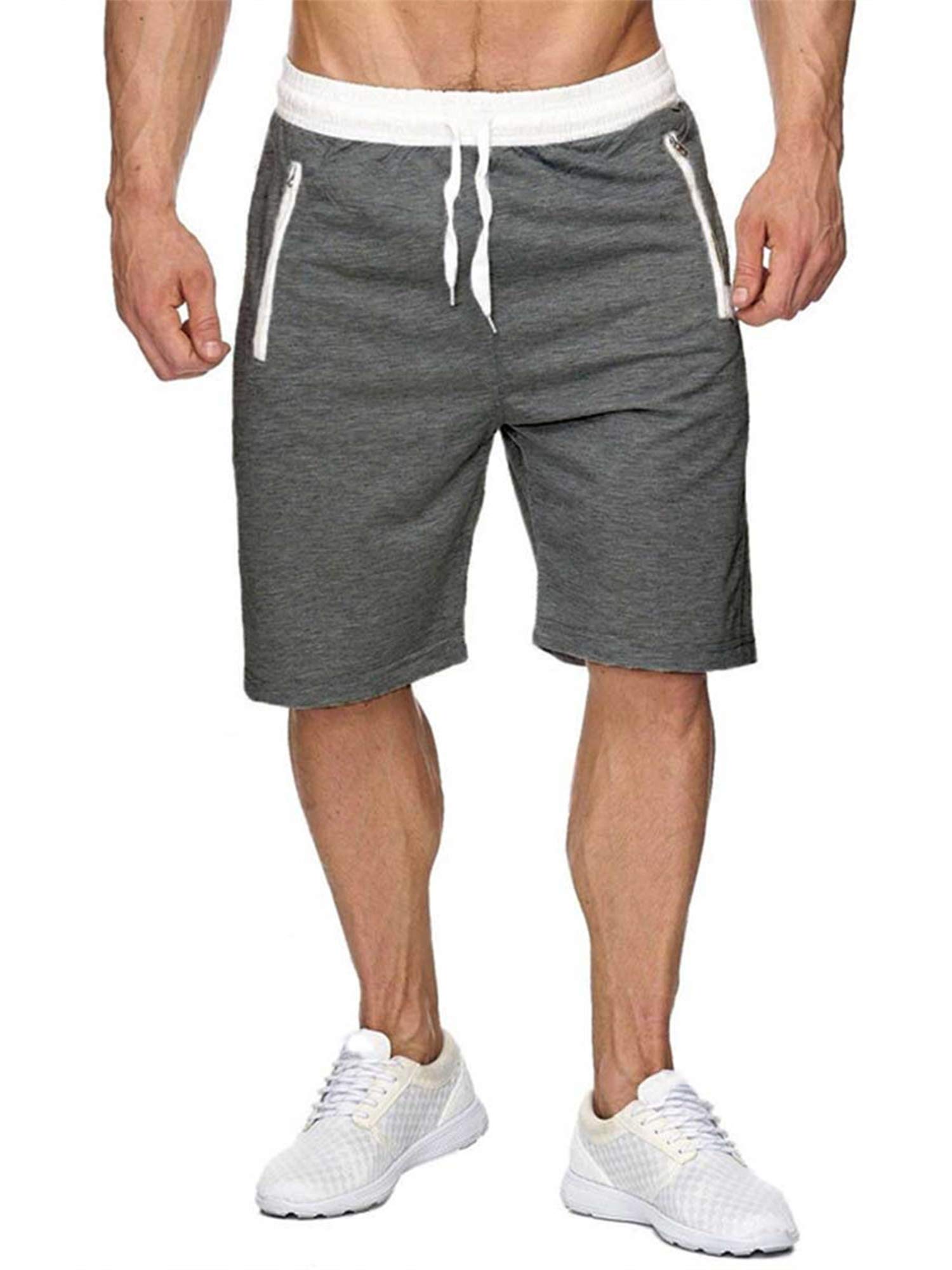 Newbby Mens Elastic Waist Drawstring Joggers Sweat Short Pants Summer Workout Shorts with Zipper Pockets (L, Dark Grey Mens Shorts)