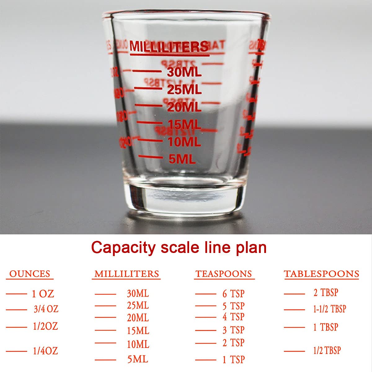Shot Glasses Measuring cup Espresso Shot Glass Liquid Heavy Glass Wine Glass 2 Pack 26-Incremental Measurement 1oz, 6 Tsp, 2 Tbs, 30ml by TIYOORTA (2 pack red)