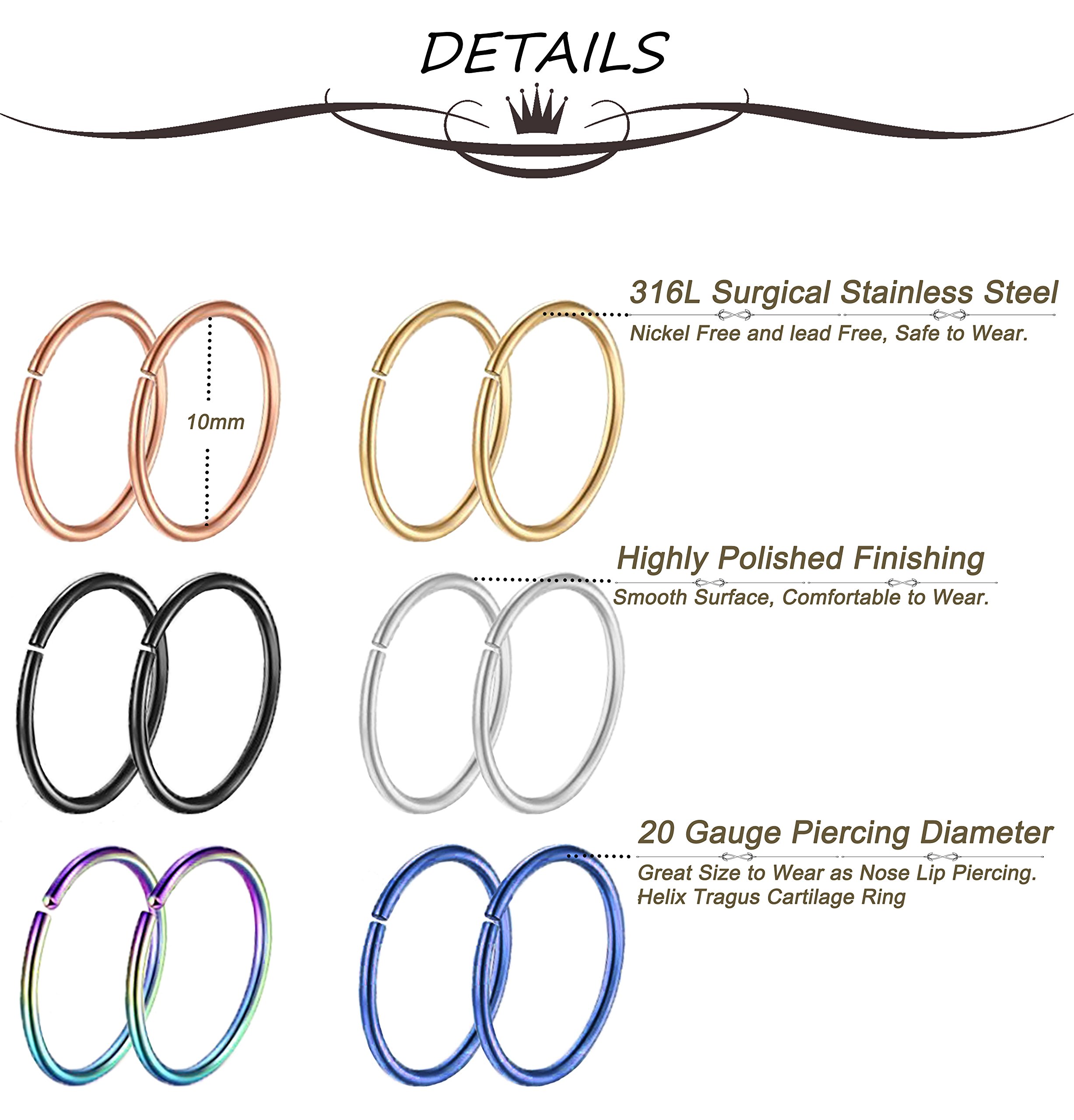 Masedy 12Pcs 20G 316L Stainless Steel Nose Rings Hoop Tragus Cartilage Septum Ring Lip Piercing 10MM
