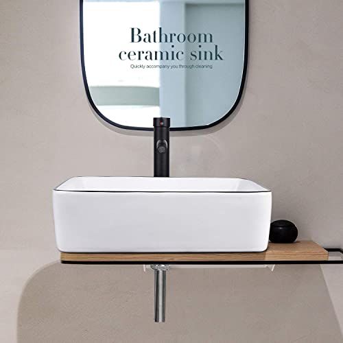 White Ceramic Bathroom Sink, 19" x 15" Above Counter Porcelain Vessel Sink with Black Faucet and Pop up drain Combo, Rectangle