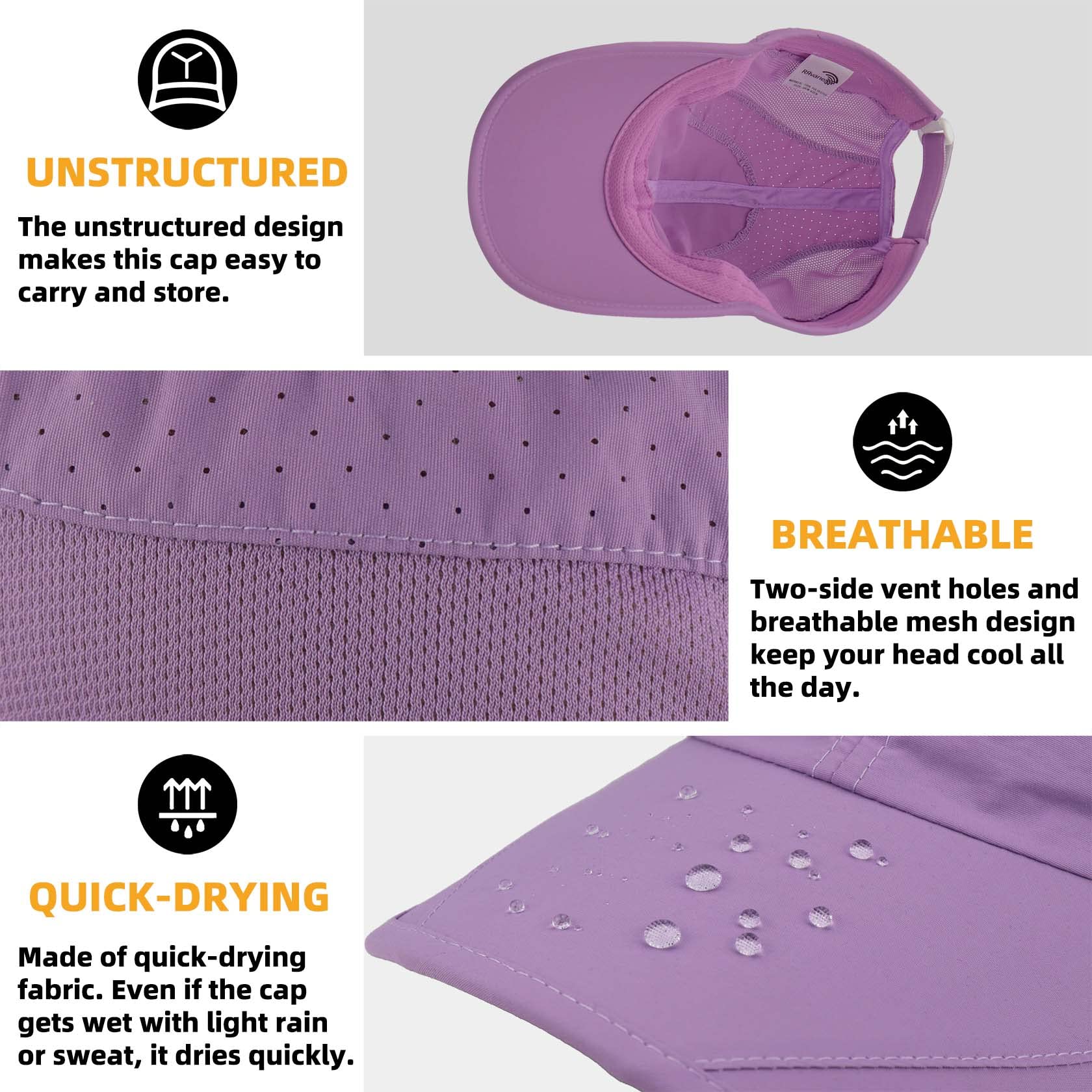 RRvane Unstructured Outdoor Sports Hat Polyester Quick Dry Running Cap, Unisex Baseball Cap Fit for 22"~24-3/8" (Lavender)