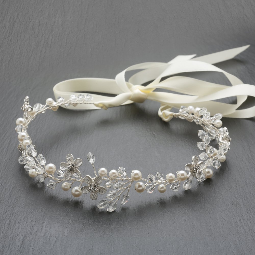 Mariell Crystal Bridal or Wedding Halo Headband with Silver Flowers, Ivory Pearls and Ivory Satin Ribbon