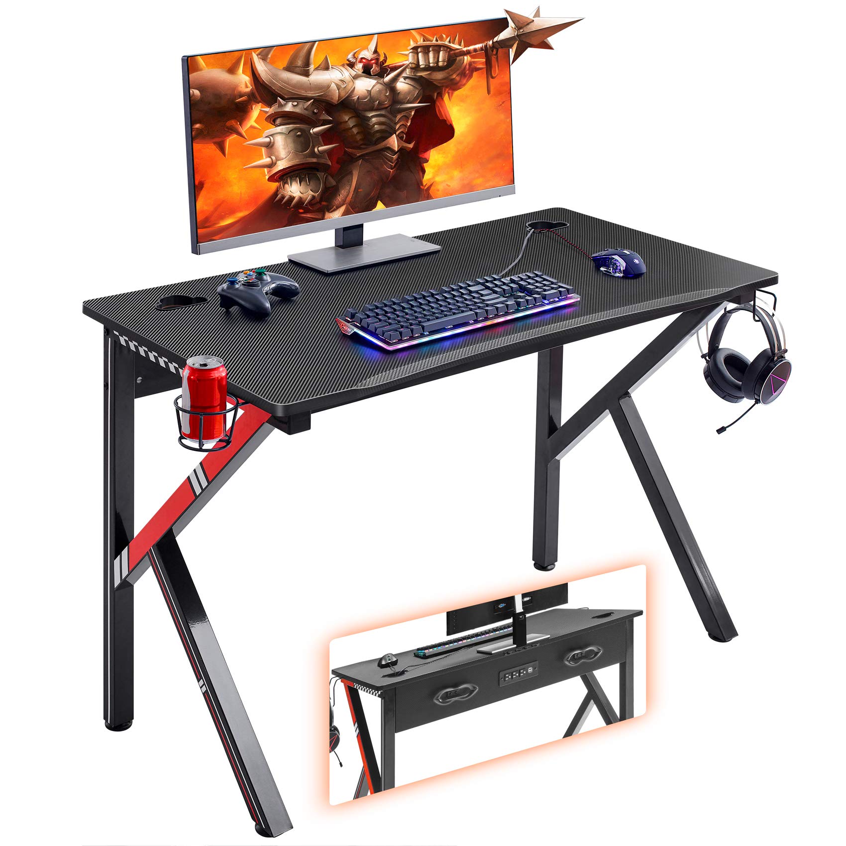 Mr IRONSTONE Gaming Desk 45.2" W x 23.6" D Home Office Computer Desk, Gamer Workstation with Socket of 3-Outlet & 2 USB Ports, Cup Holder, Headphone Hook and Cable Management (Red)