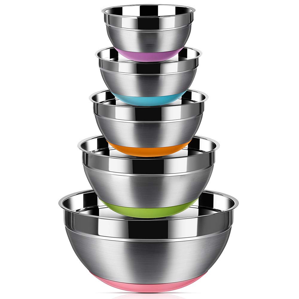 REGILLER Stainless Steel Mixing Bowls (Set of 5), Non Slip Colorful Silicone Bottom Nesting Storage Bowls, Polished Mirror Finish For Healthy Meal Mixing and Prepping 1.5-2 - 2.5-3.5 - 7QT (Colorful)