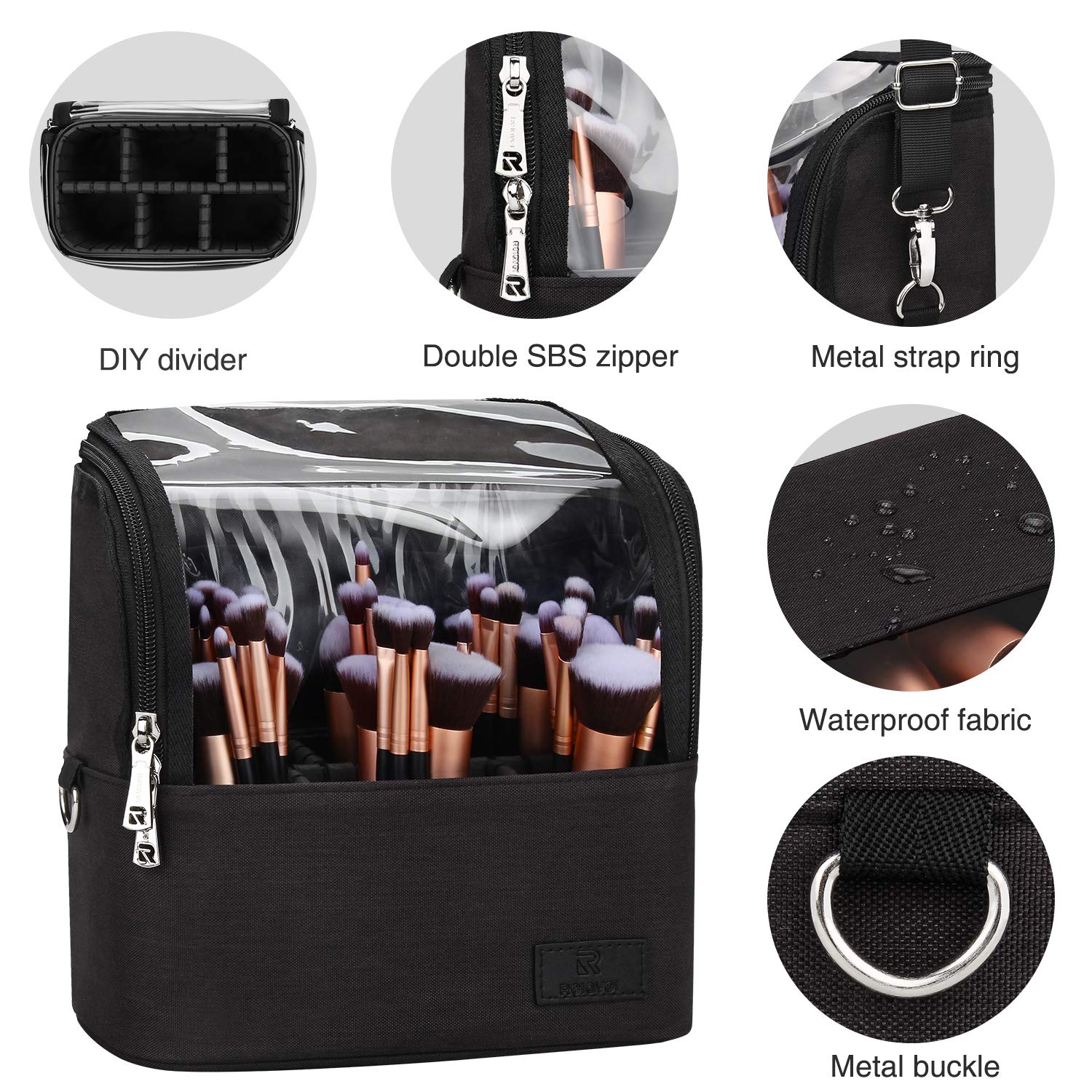 Makeup Brush Case Stand-up Makeup Cup Makeup Brush Holder Travel Professional Cosmetic Bag Artist Storage Bag with Shoulder Strap and Adjustable Divider (Large, Black)
