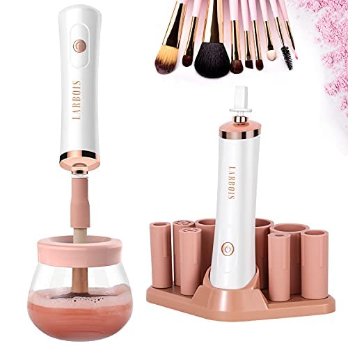Makeup Brush Cleaner Brush Cleaner - Larbois Make up Brush Cleansers Machine with 8 Rubber Collars Automatic Brush Cleaner Spinner Makeup Brush Tools Wash and Dry Seconds (White)