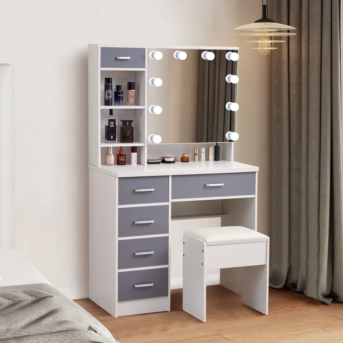 Large Vanity Desk Set with LED Lighted Mirror, 6 Drawers Makeup Vanities Dressing Table with Stool, for Bedroom, White
