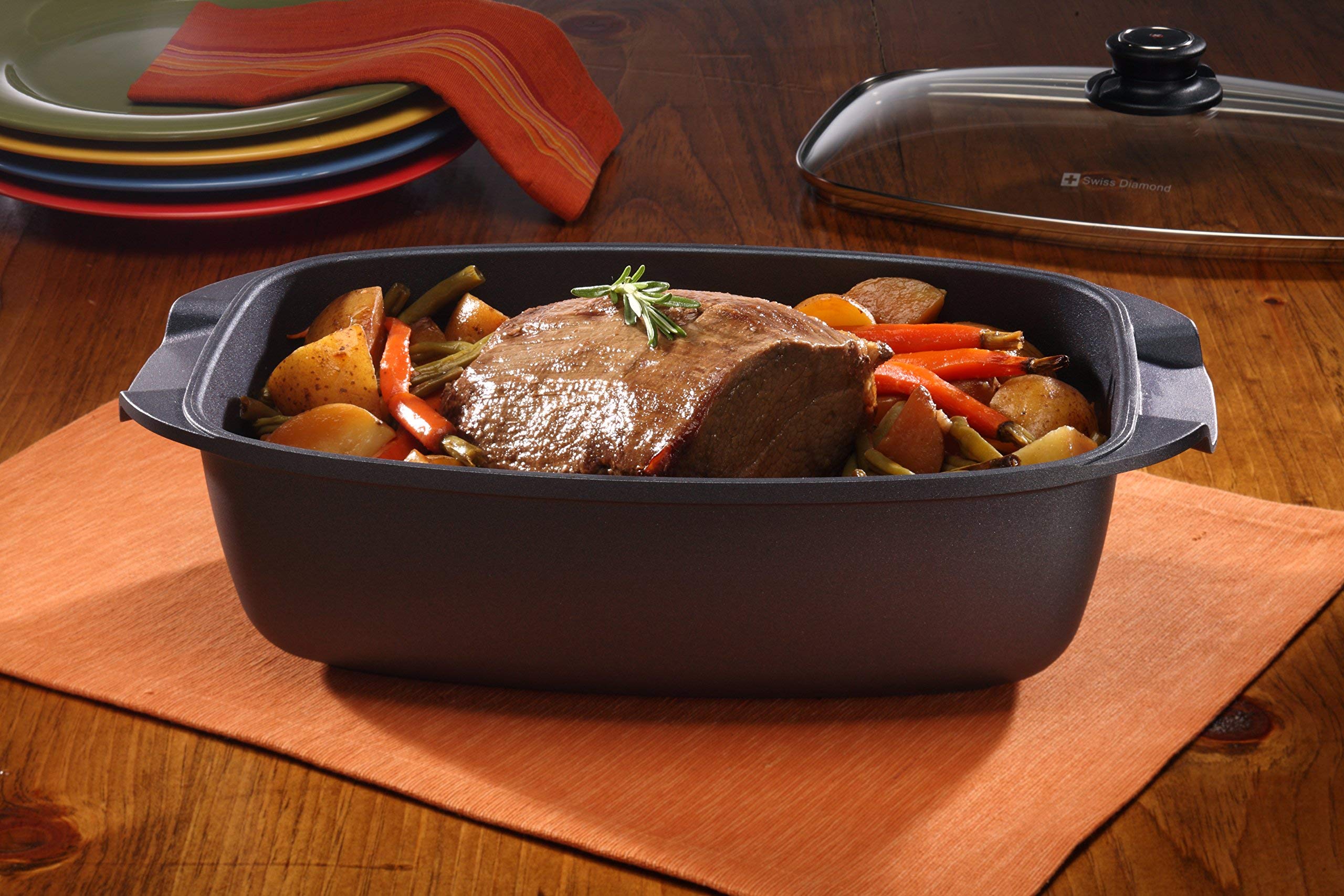 Swiss Diamond Roasting Pan with Lid - HD Nonstick Diamond Coated Aluminum Roaster Includes Lid Dishwasher & Oven Safe Roaster - Large Turkey, Ham, Chicken Roaster Pan - 8.3"x13" (5.3 Qt)- Grey