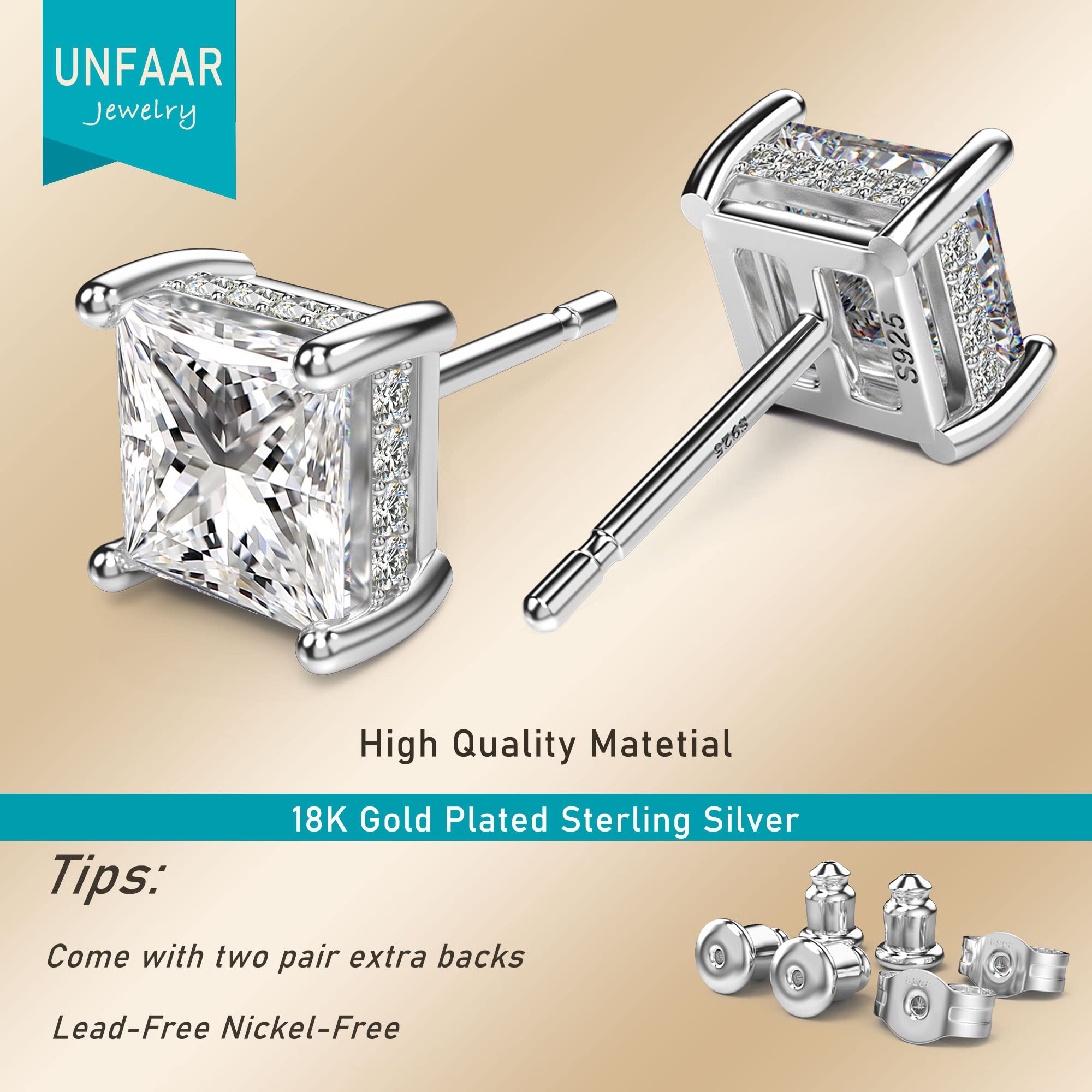 UNFAAR 18K White Gold Plated Sterling Silver Princess Cut Cubic Zirconia Stud Earrings Square CZ Diamond Stud Earrings for Women Men Hypoallergenic (6MM, Clear)