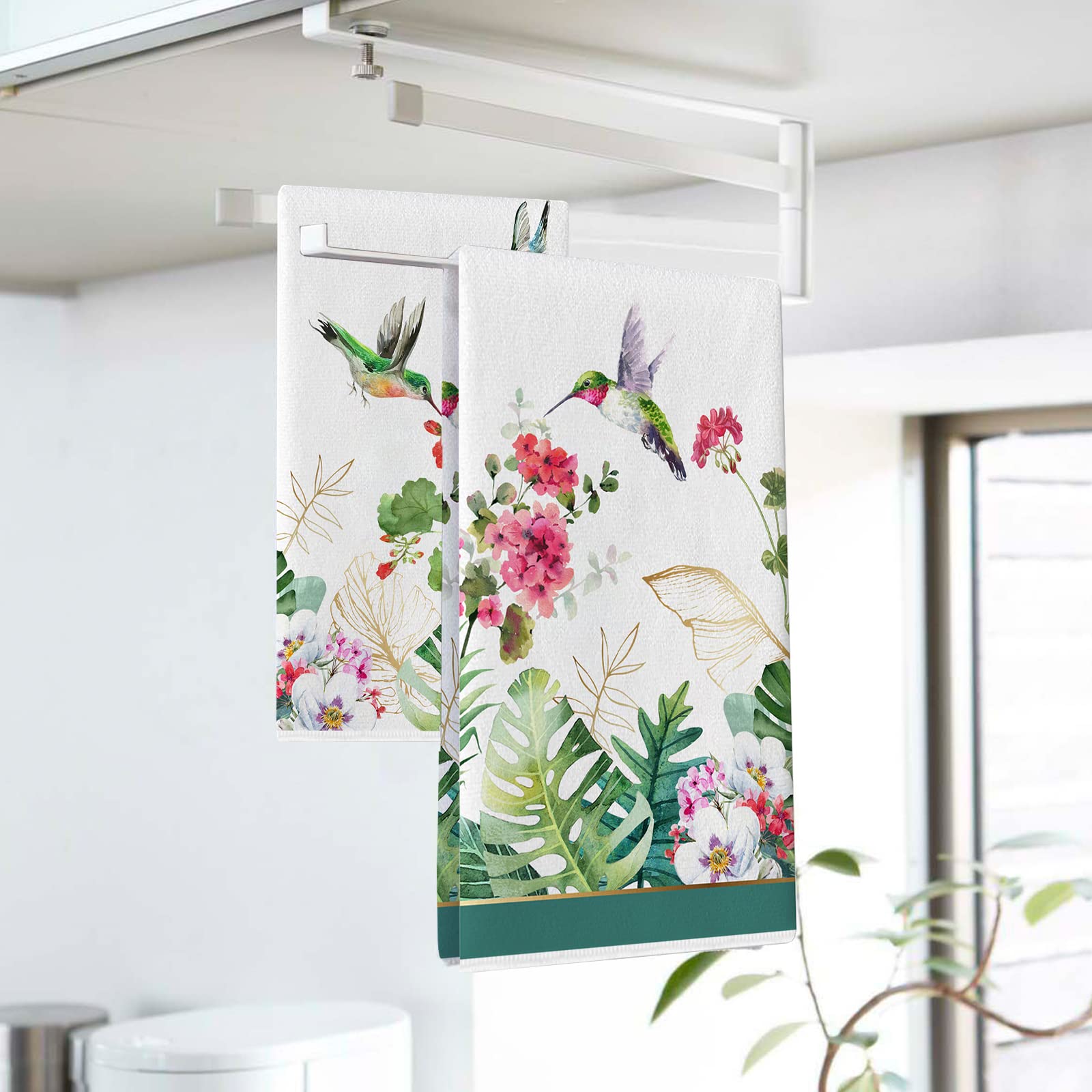 Seliem Summer Hummingbird Geranium Flower Bird Kitchen Dish Towel 2 Pack, Tropical Palm Leaf Monstera Plant Floral Hand Drying Baking Cloth, Spring Botanical Greenery Green Decor Home Decoration 18x26