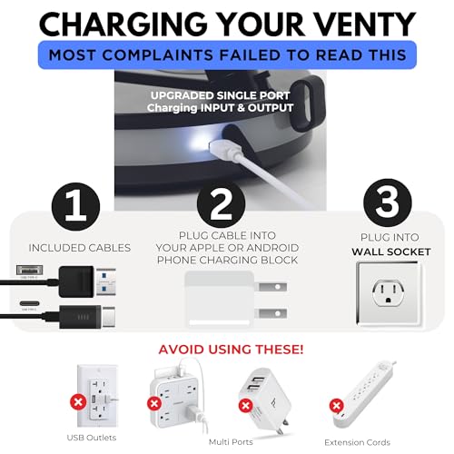 VENTY Original Portable Fan - Wireless Battery Operated Fan With 4 Speeds, LED Lighting, Carry Case & Remote Control - Premium Travel Rechargeable Fan & Power Bank With USB & USB-C Ports (Black)