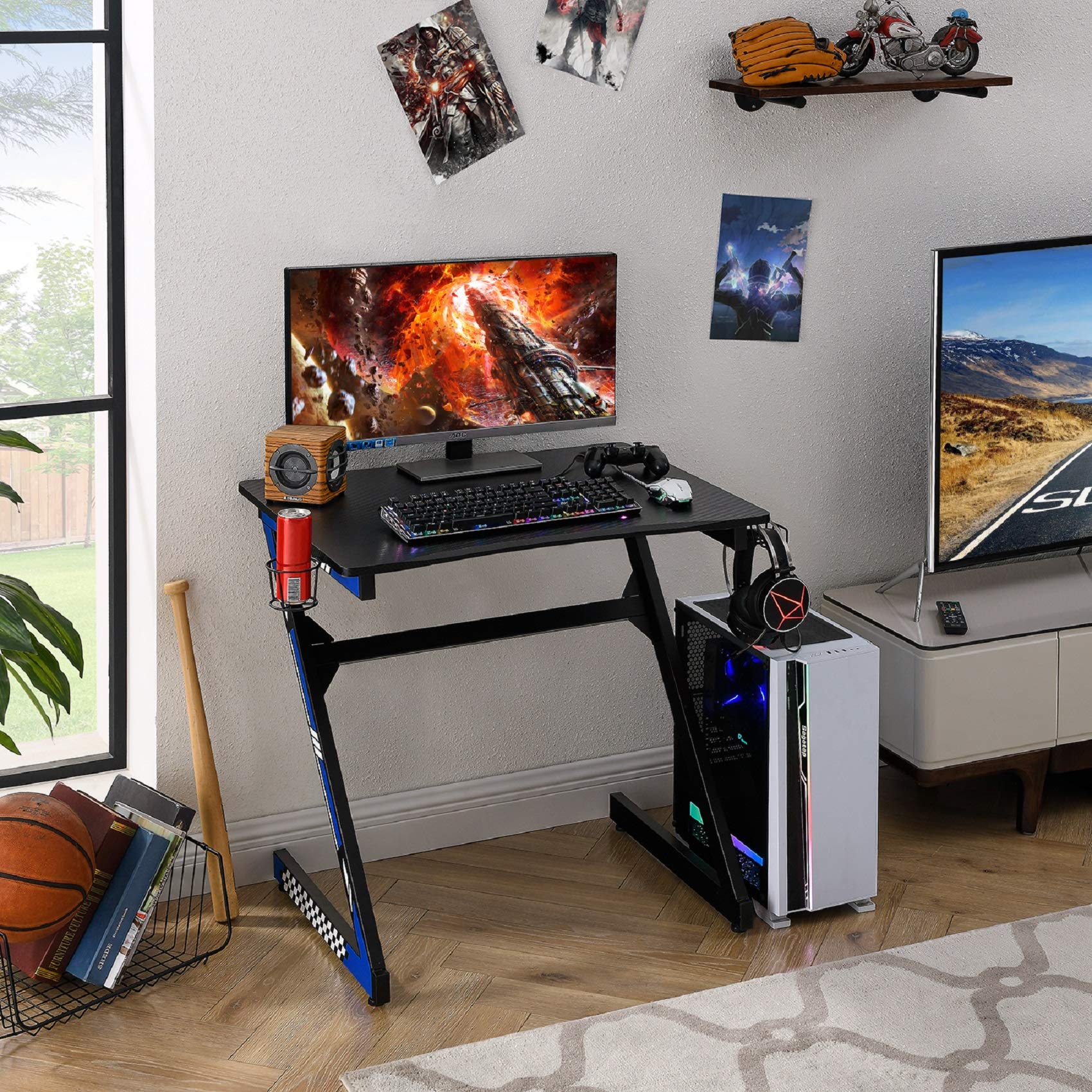 Mr IRONSTONE 31.5" Gaming Desk PC Computer Desk Home Office Student Table for Small Space Z-Shaped with Cup & Headphone Holder and 2 Cable Management Holes (Blue)