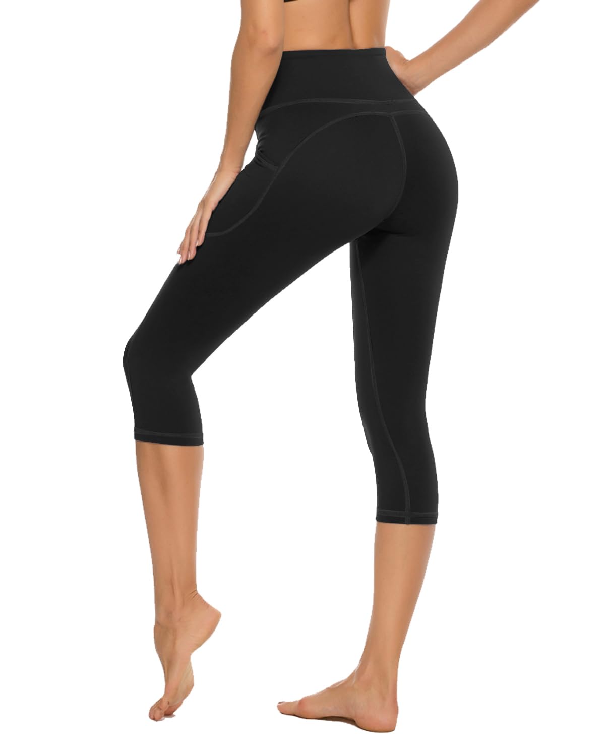 Stelle Womens High Waisted Leggings Capri Pants with Pockets for Gym Workout and Yoga (Silky Soft Compression-Grey, Medium)