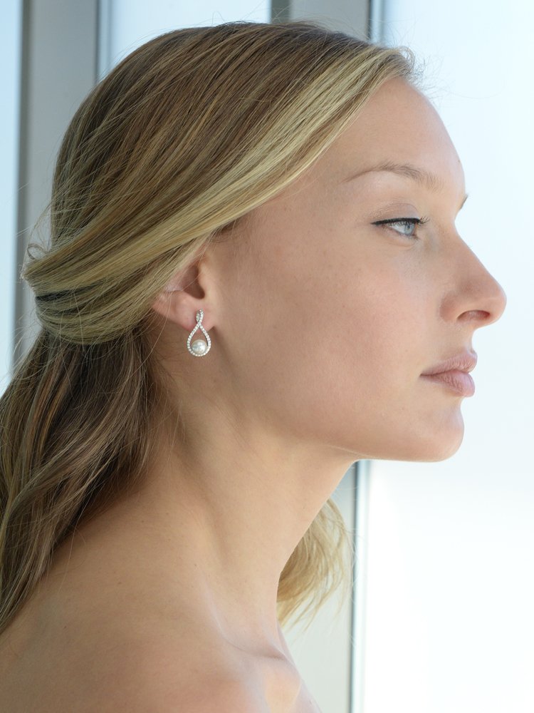 Mariell Pearl Drop Earrings with Cubic Zirconia Crystals For Brides, Weddings, Mother's Day Jewelry Gift