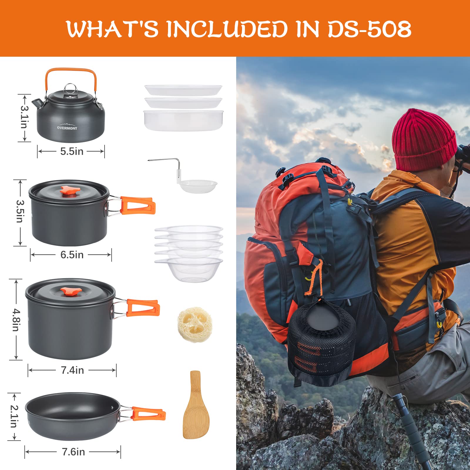 Overmont 14pc 16pc Camping Cookware Mess Kit, Portable Camping Cooking Set for Backpacking, Outdoor Hiking and Picnic Pot Pan Folding Spork Knife Spoon Kit (3.4, Large(for 3-5 PPL))