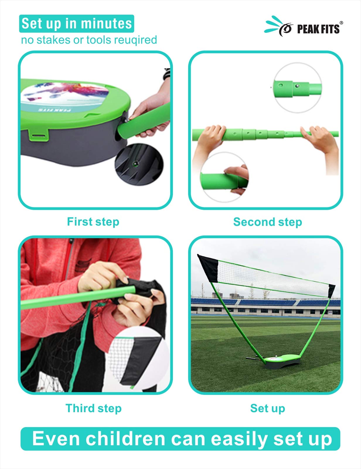 Peak Fits Portable Badminton Net Set,Folding Volleyball Badminton Net,4 Professional Graphite Badminton Racket,8 Racket Grip Tape,4 Shuttlecocks,Family Game,Kids Gift,Backyard Sports