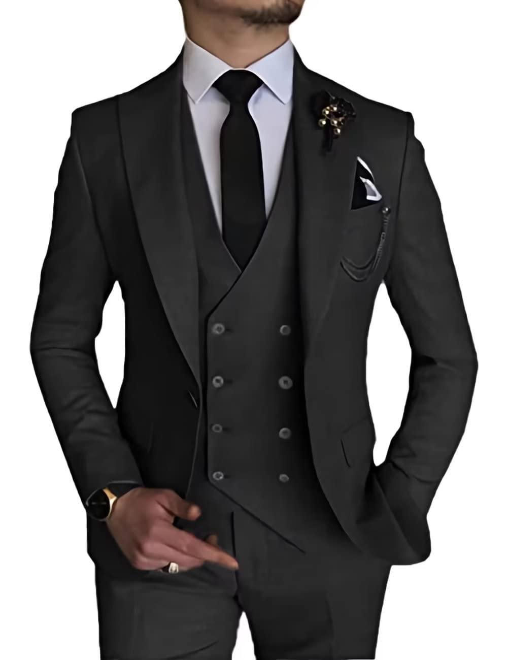 Mens Stylish 3 Piece Dress Suit Classic Fit Wedding Formal Jacket & Vest & Pants Black 4XL