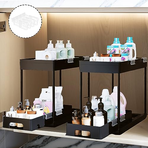 MZHSMZHR Bathroom Under Sink Organizers and Storage,Under Cabinet Organizer Kitchen, 2 Pack 2 Tier Under Counter Storage Shelves with Sliding Pull Out Drawer and Dividers, Black