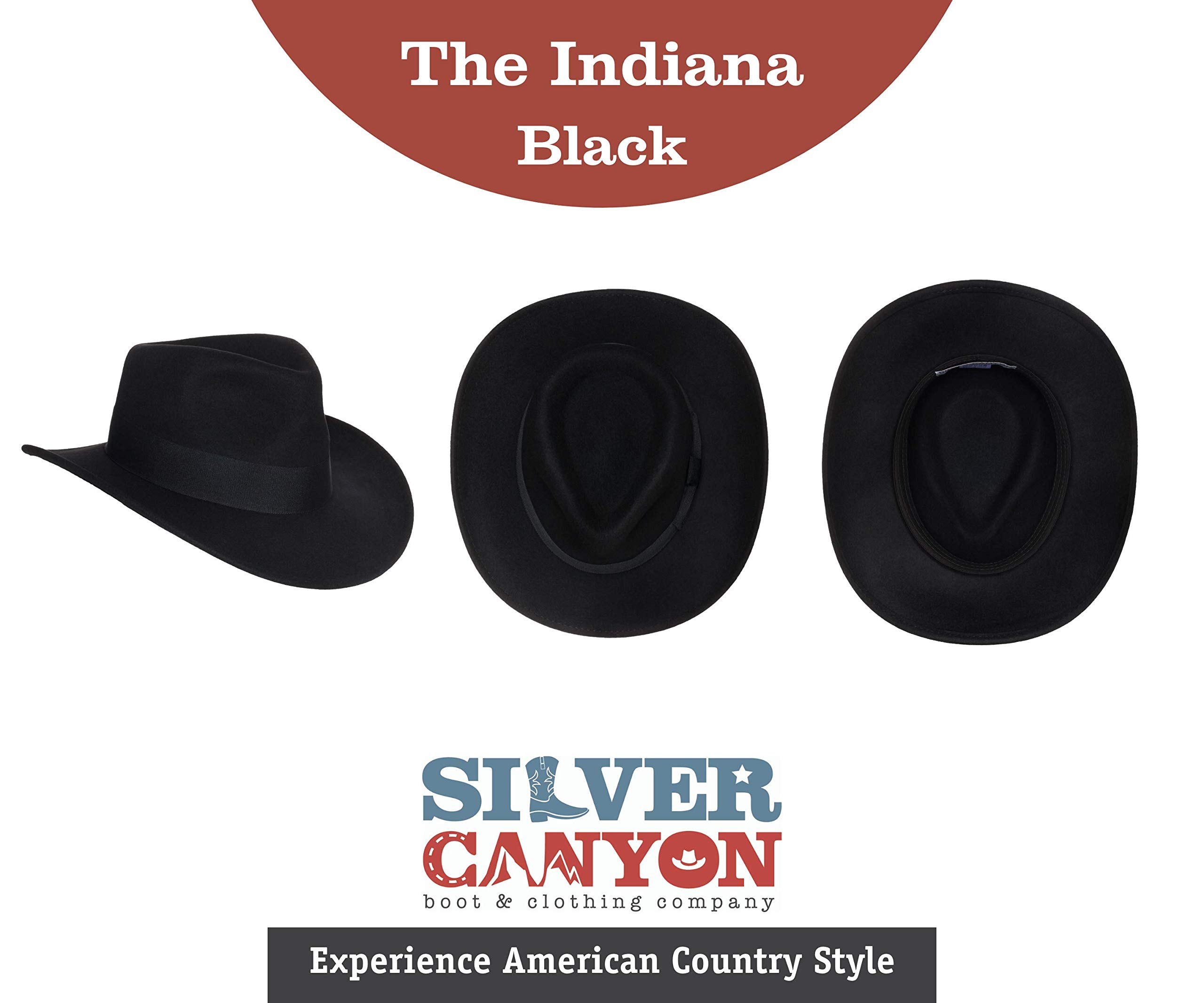 Men's Indiana Outback Fedora Hat Black Crushable Wool Felt by Silver Canyon, Black, Large