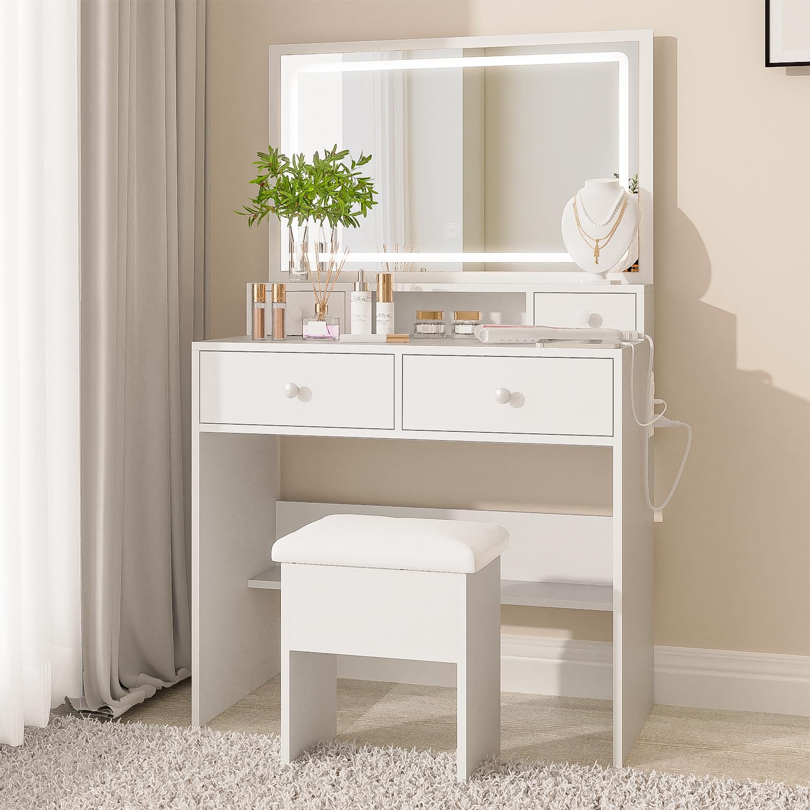 LECEVOCY Vanity Desk Set with LED Lighted Mirror & Power Outlet, Dressing Makeup Table Set with Storage Stool, 4 White Drawer for Bedroom, Bathroom