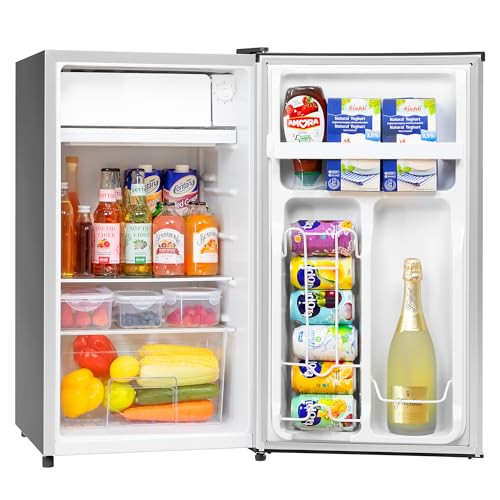 Manastin 3.2 Cu. Ft Mini Fridge with Freezer for Bedroom, Dorm, Office, Compact Refrigerator with Adjustable Thermostat, Removable Glass Shelves and Reversible Door (Silver)
