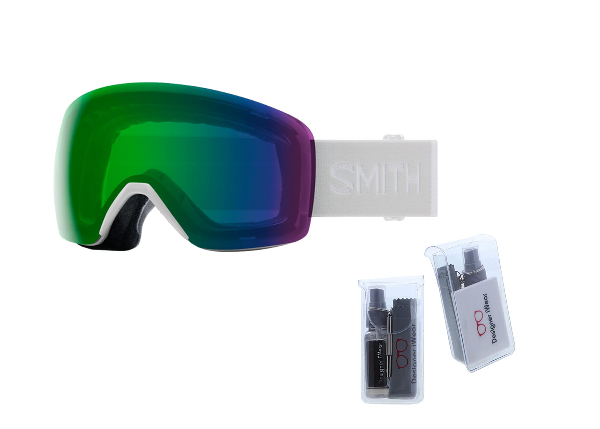 SMITH Skyline White Vapor/ChromaPop Everyday Green Mirror Medium fit Ski Goggles for Men for Women BUNDLE with Designer iWear Eyewear Kit