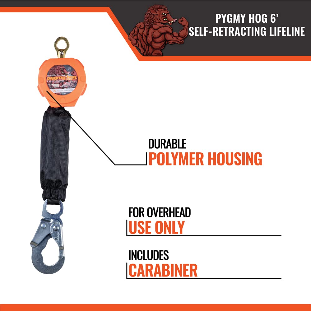 Malta Dynamics Pygmy Hog 6-Foot Web Self-Retracting Lifeline with Steel Snap Hook, OSHA/ANSI Compliant