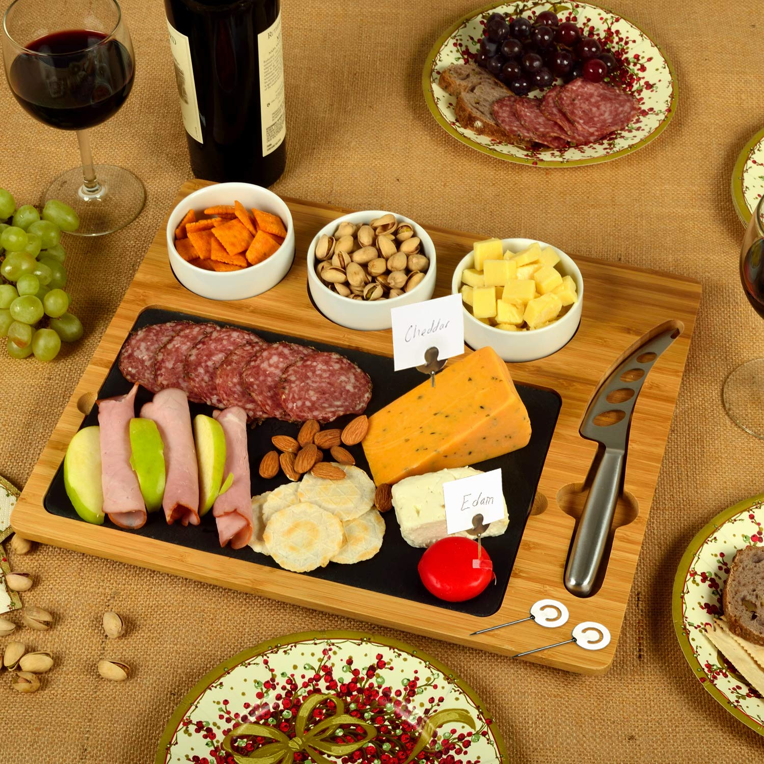 Picnic at Ascot Bamboo & Slate Cheese/Charcuterie Board - Includes 3 Ceramic Bowls, Cheese Knife & Cheese Markers- Patent Pending - Designed & Quality Checked in The USA