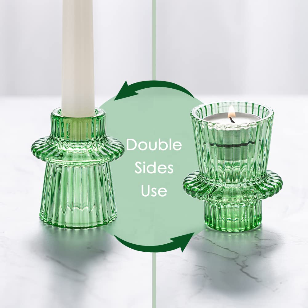 Marycele Glass Candle Holders - Set of 6 Votive and Taper Holders for Wedding Centerpieces and Table Decor, Green
