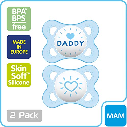 MAM I Love Daddy Collection Pacifiers (2 Pack, 1 Sterilizing Pacifier Case), MAM Pacifier 0-6 Months, Baby Pacifiers, Baby Boy, Best Pacifier for Breastfed Babies, Designs May Vary