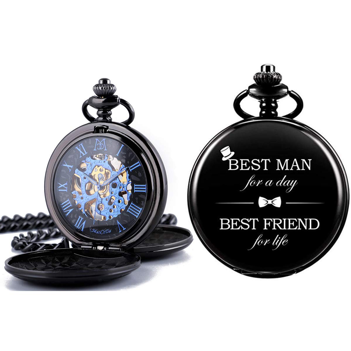 ManChDa Mechanical Double Cover Roman Numerals Dial Skeleton Engraved Pocket Watches with Box and Chain Personalized Custom Engraving for Husband Groomsman Best Man to My Love | King