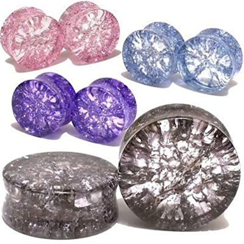 Pair 1-1/8" (28MM) BLACK SHATTERED GLASS PLUGS Double Flare Gauges Cracked Organic Tunnels (2pcs)