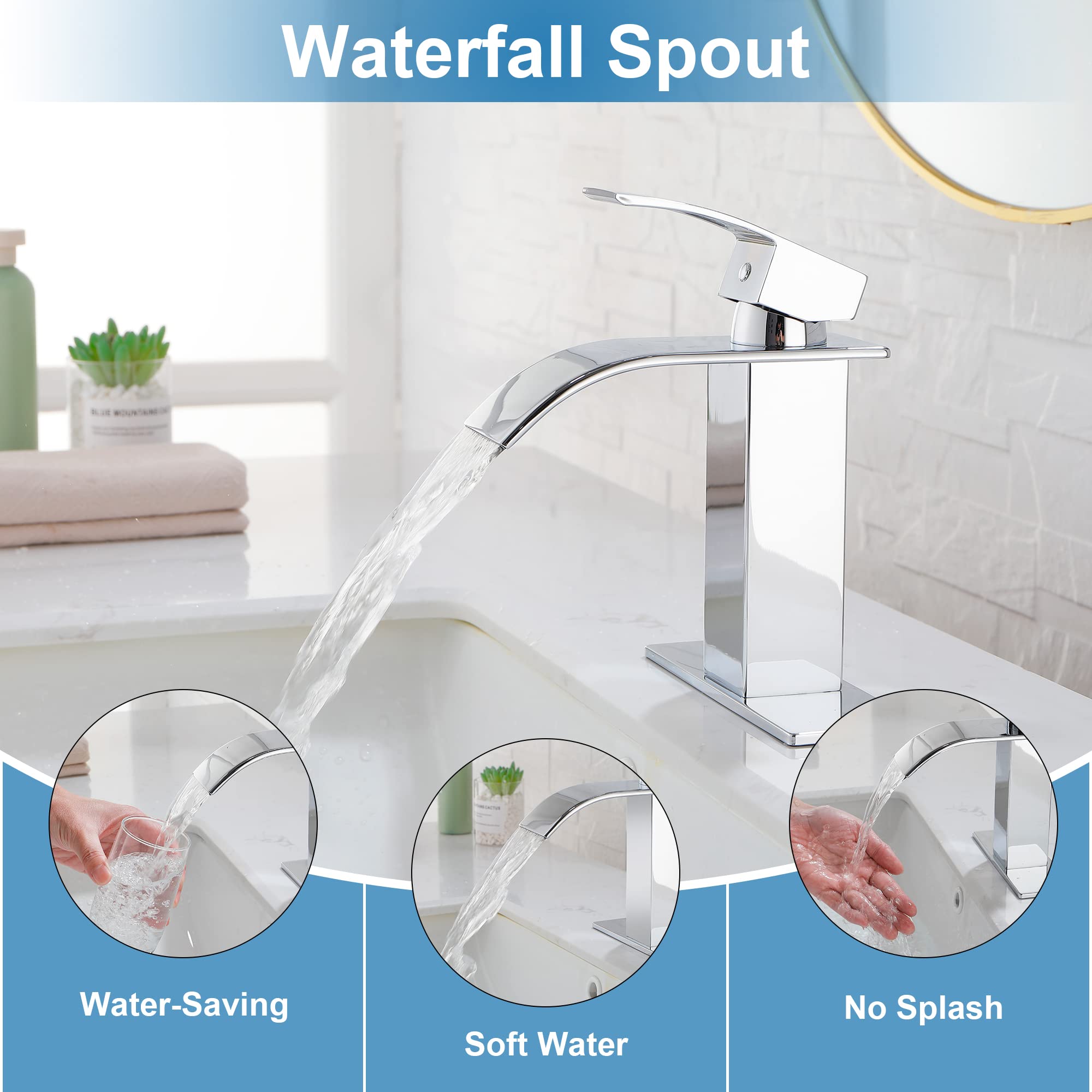 PHICHI Chrome Bathroom Faucet Waterfall Single Handle 1 or 3 Hole Faucet, Commercial Modern Lavatory Tap with Pop-up Drain and Deck Plate