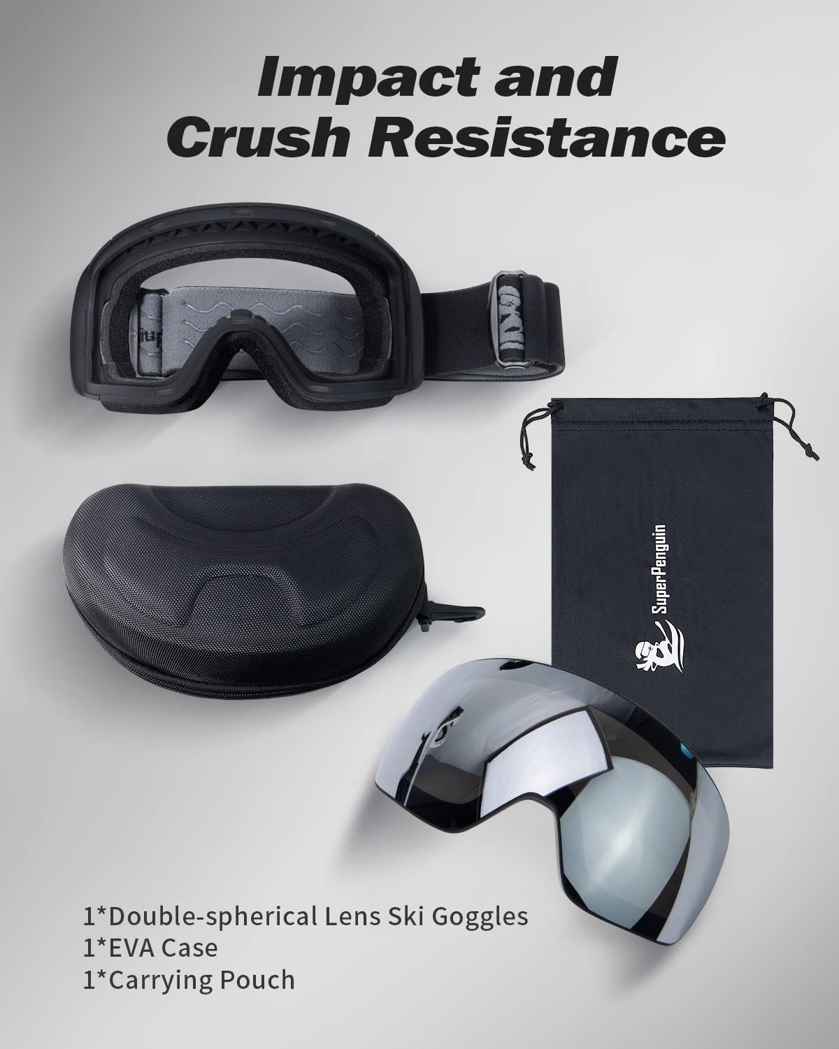 Super Penguin Ski Goggles Magnetic Lens & Replacement Lens, Double Spherical OTG Design Snow Goggles Anti-fog UV Protection