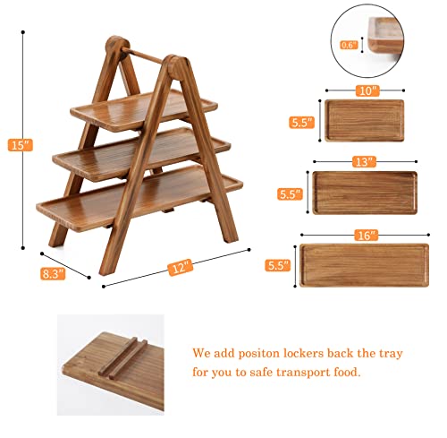 Wooden Tiered Serving Tray Wood 3 Tier Trays Stand Rectangular Cupcake Platters Collapsible Detachable Dessert Cake for Fruit Appetizers Tea Party Entertaining Food Buffet Wedding Farmhouse Decorative