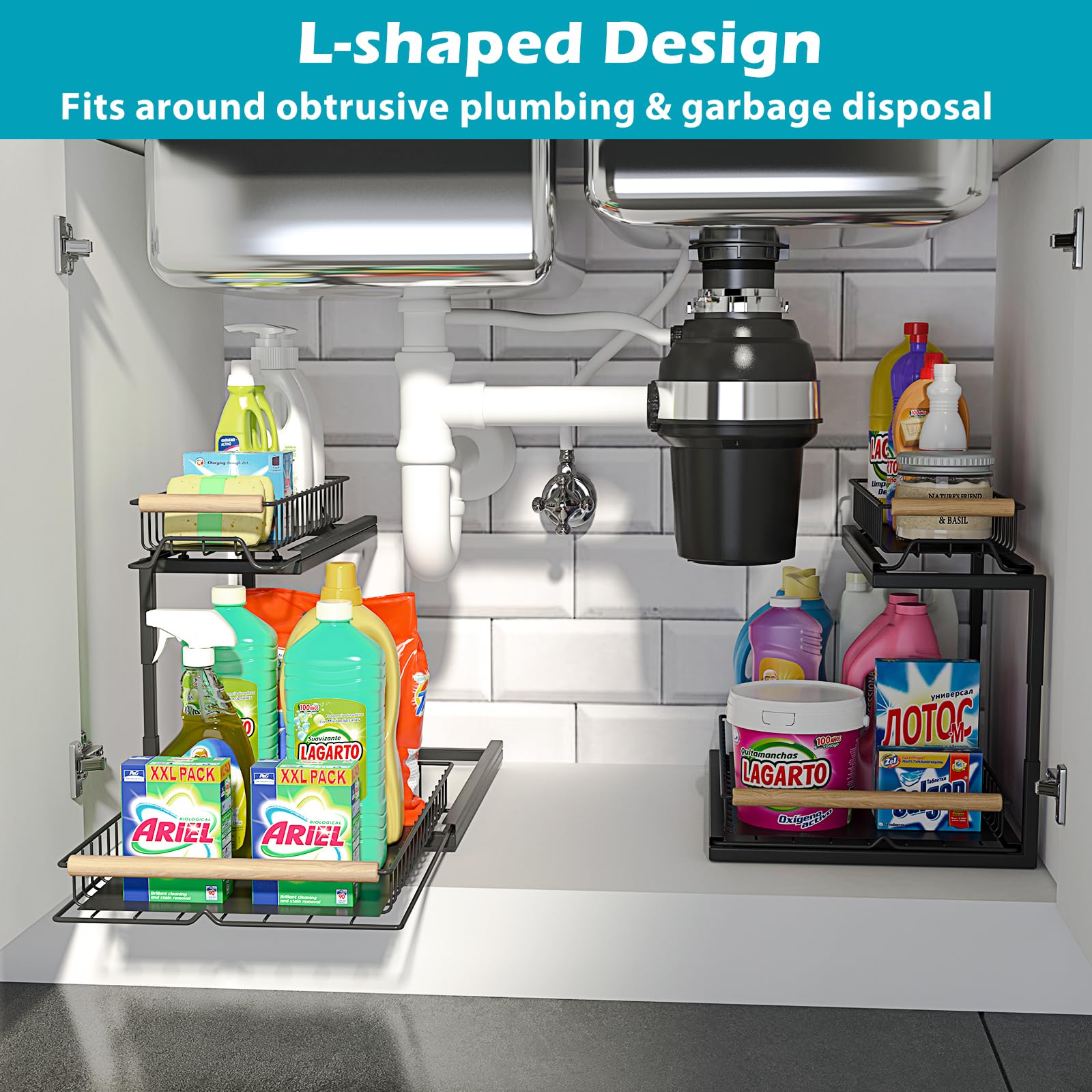 NADAMOO Under Sink Organizers and Storage, Pull Out Cabinet Organizer with 2 Sliding Drawers, 2 Tier Multi-use Under Sink Shelf Rack for Kitchen Bathroom Laundry Organization