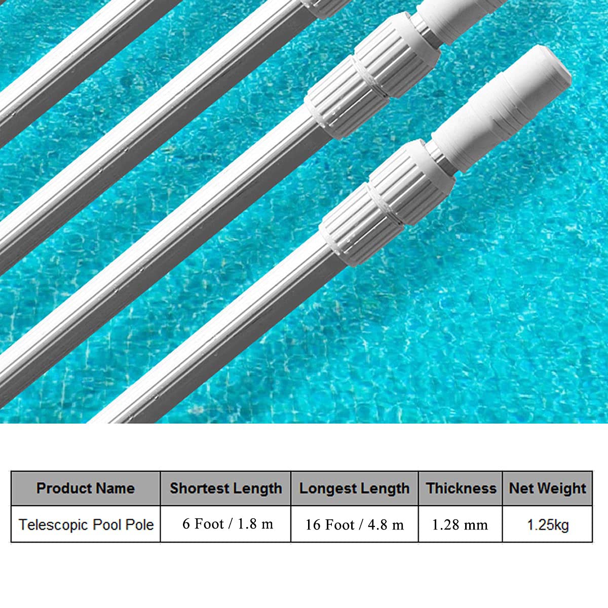 Upgraded Professional 16 Foot Swimming Pool Pole Telescopic Aluminum, 1.28mm Thicken Fits Pool Net Skimmer Rake Vacuum Head Brush Cleaning Heavy Duty, Adjustable 3 Section from 6 to 16ft Extension