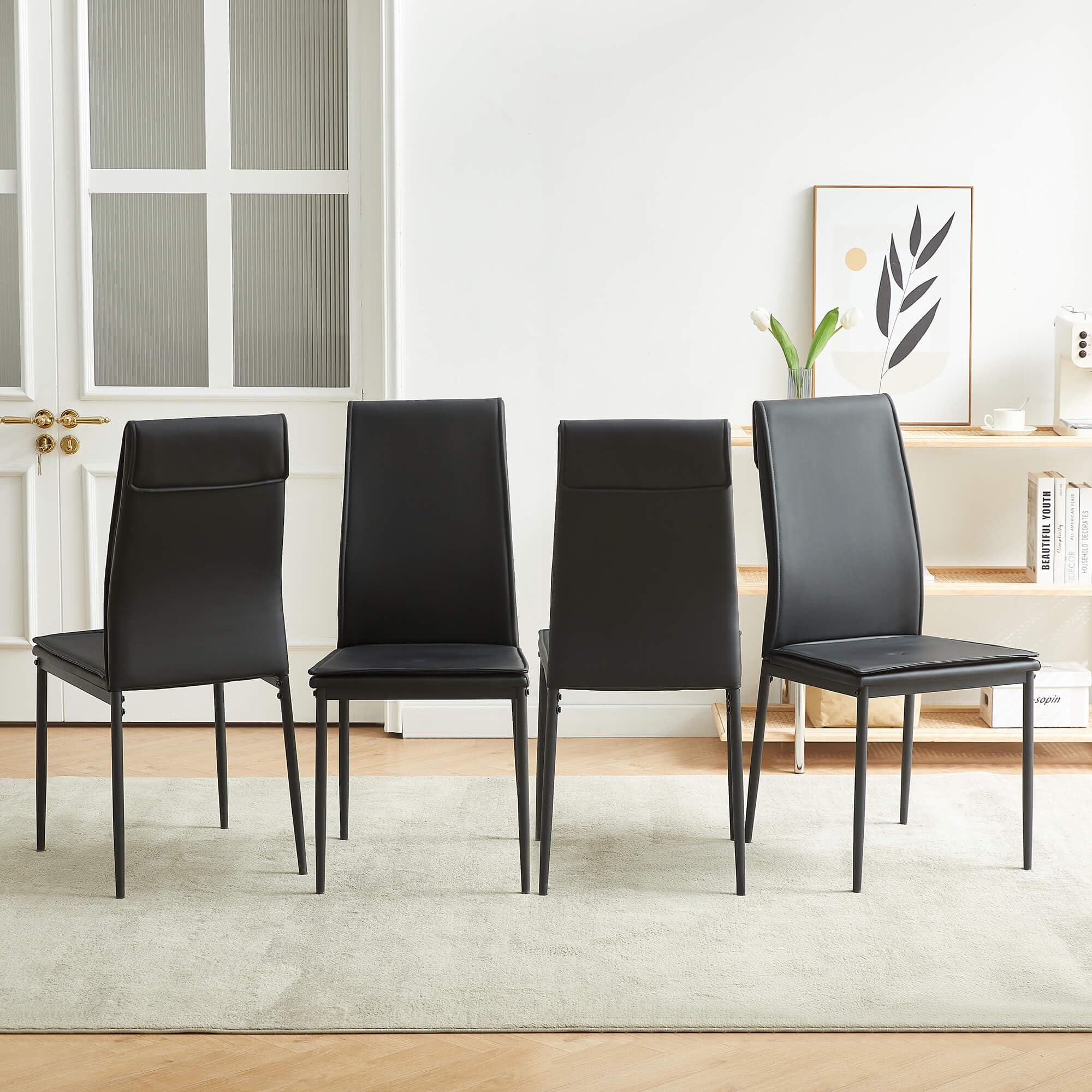Lestar Dining Chair Set of 4, Faux Leather Upholstered Dining Chairs Comfortable High-back Design for Kitchen Furniture (Black/Grids Pattern)
