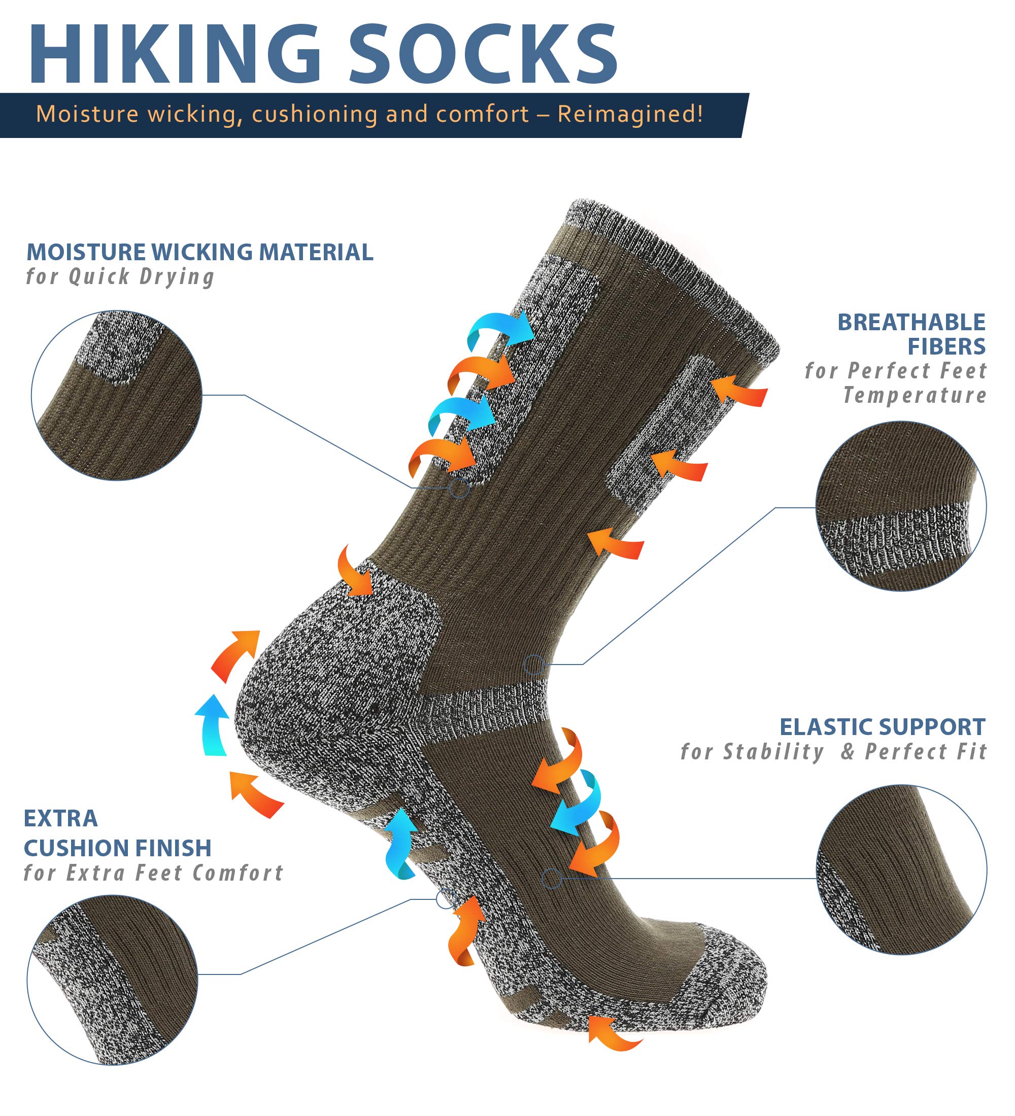 MIRMARU M202-Medium-Men's 5 Pairs Multi Performance Outdoor Sports Hiking Trekking Crew Socks (2Black,2Olive,1Char)