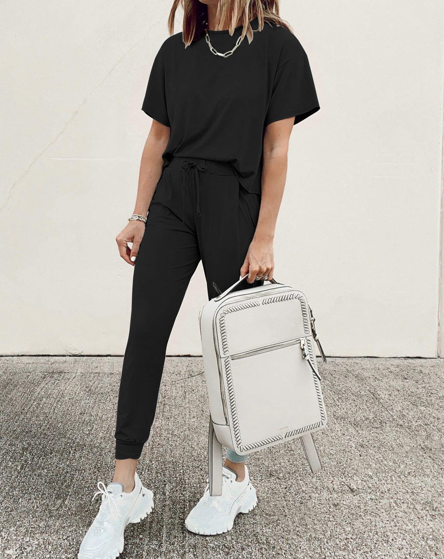 PRETTYGARDEN Women's Two Piece Outfit Short Sleeve Pullover with Drawstring Long Pants Tracksuit Jogger Set (A-black,Medium)