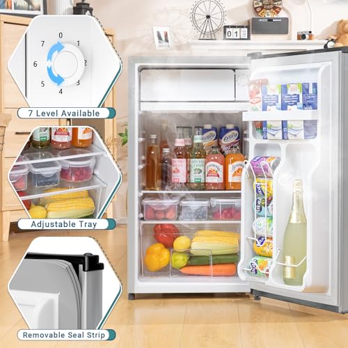 Manastin 3.2 Cu. Ft Mini Fridge with Freezer for Bedroom, Dorm, Office, Compact Refrigerator with Adjustable Thermostat, Removable Glass Shelves and Reversible Door (Silver)