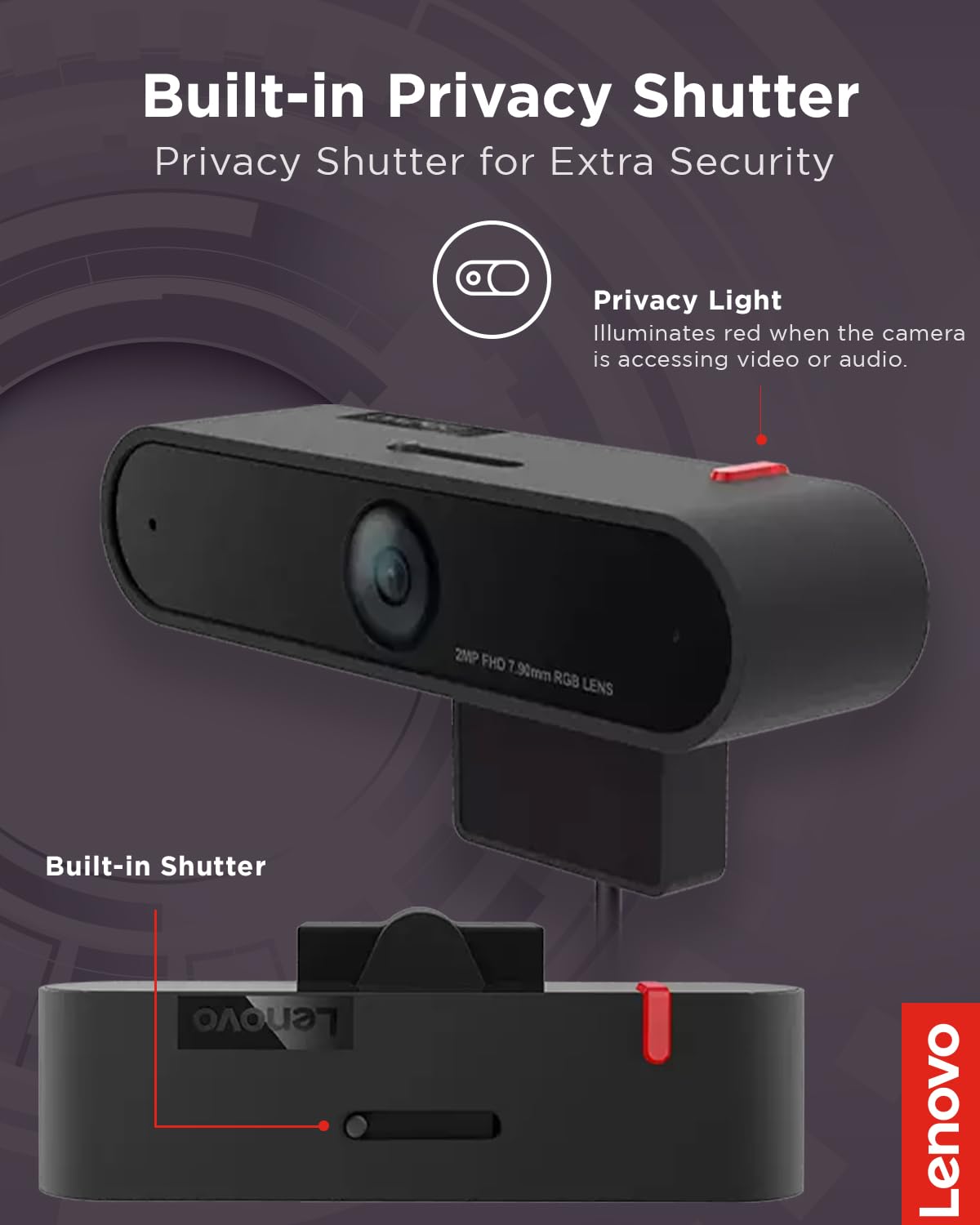 Lenovo HD 1080p Webcam (LC50) - Monitor Camera with 90° Wide Angle, Dual Microphones & Smart Video Capture – Magnetic Desktop Cam w/ Privacy Shutter & Light for Virtual Class, Meetings & Conferences