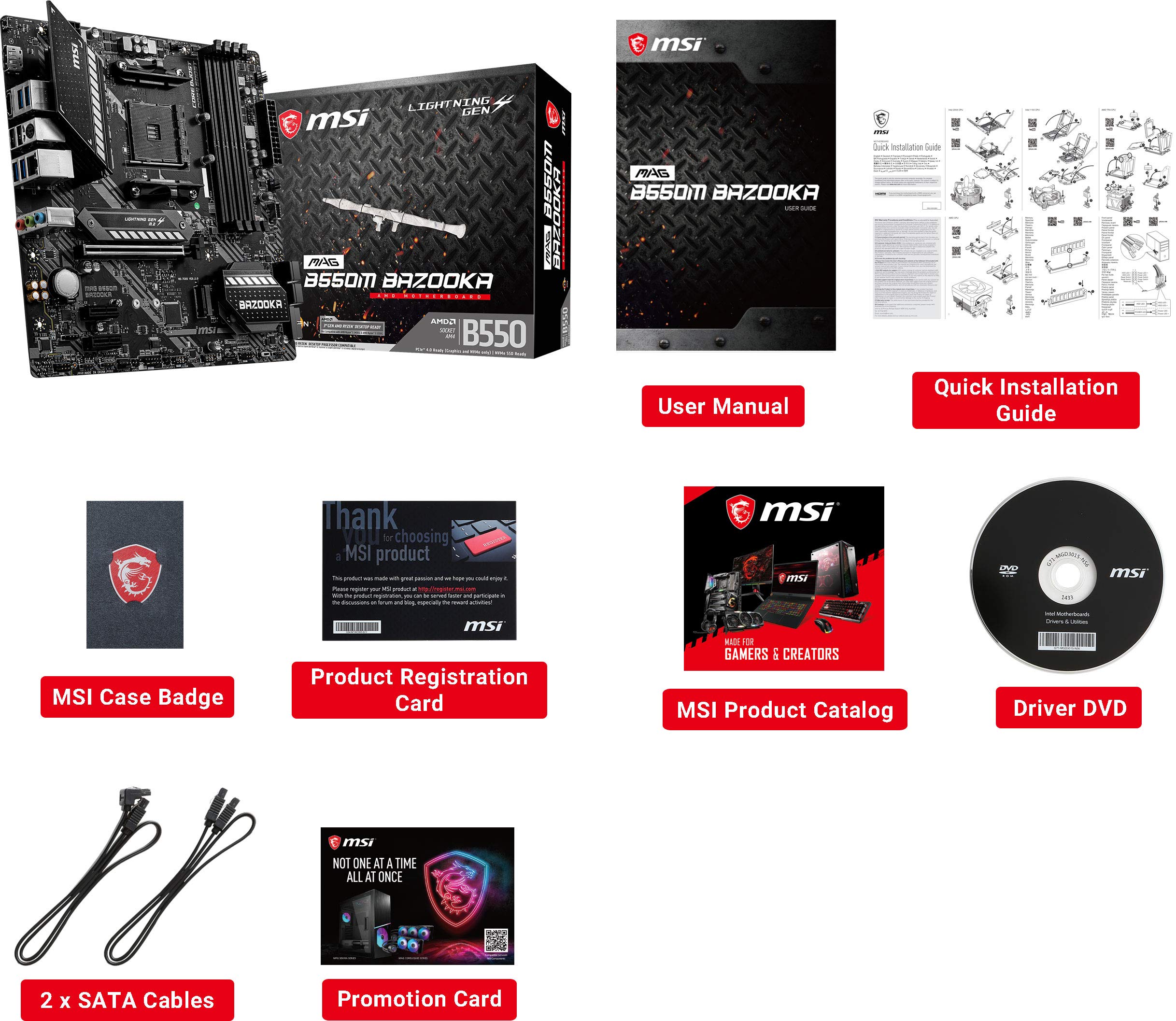 MSI MAG B550M Bazooka Gaming Motherboard (AMD AM4, DDR4, PCIe 4.0, SATA 6Gb/s, M.2, USB 3.2 Gen 1, HDMI/DP, Micro-ATX)