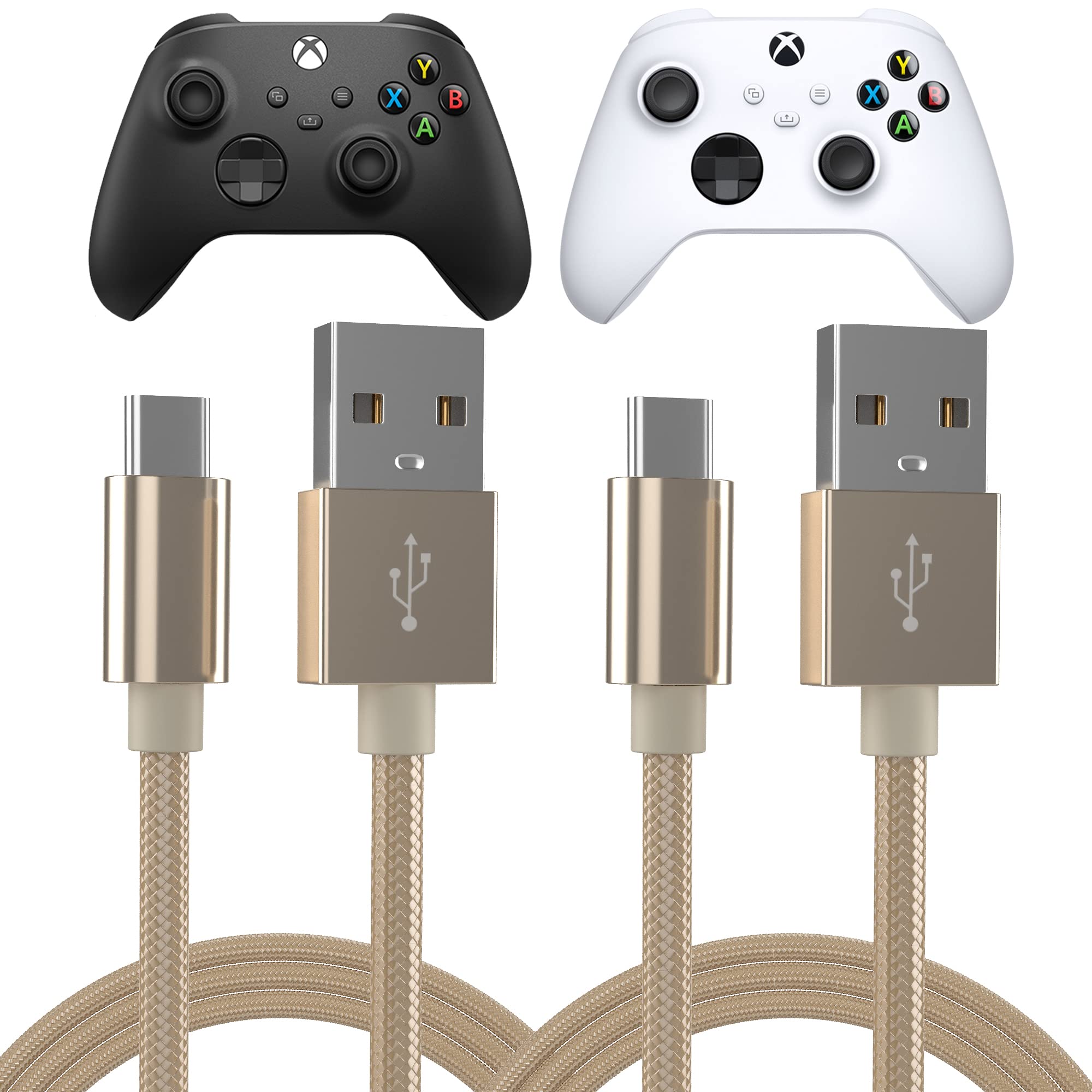 TALK WORKS Controller Charger Cable Compatible for Xbox X/S Controller, USB C to USB A - 6' Nylon Braided Type C Fast Charging Cord for X-Box X/S (Gold, Pack of 2) (14099)