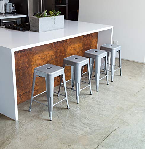 UrbanMod 24 Inches Metal Barstool Set of 4 β Counter Height Backless Bar Stool for Kitchen Island, Breakfast, Outdoors, Pub, Restaurant, Home, Patio β Stackable Heavy Duty Modern & Industrial (Silver)