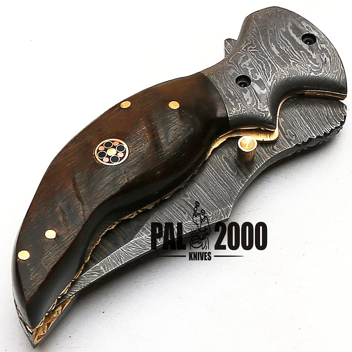 PAL 2000 HUNTING KNIVES Mmbm-8848 - Damascus Folding Knife - Handmade Damascus Steel - Damascus Pocket Knife - Ram Horn Handle