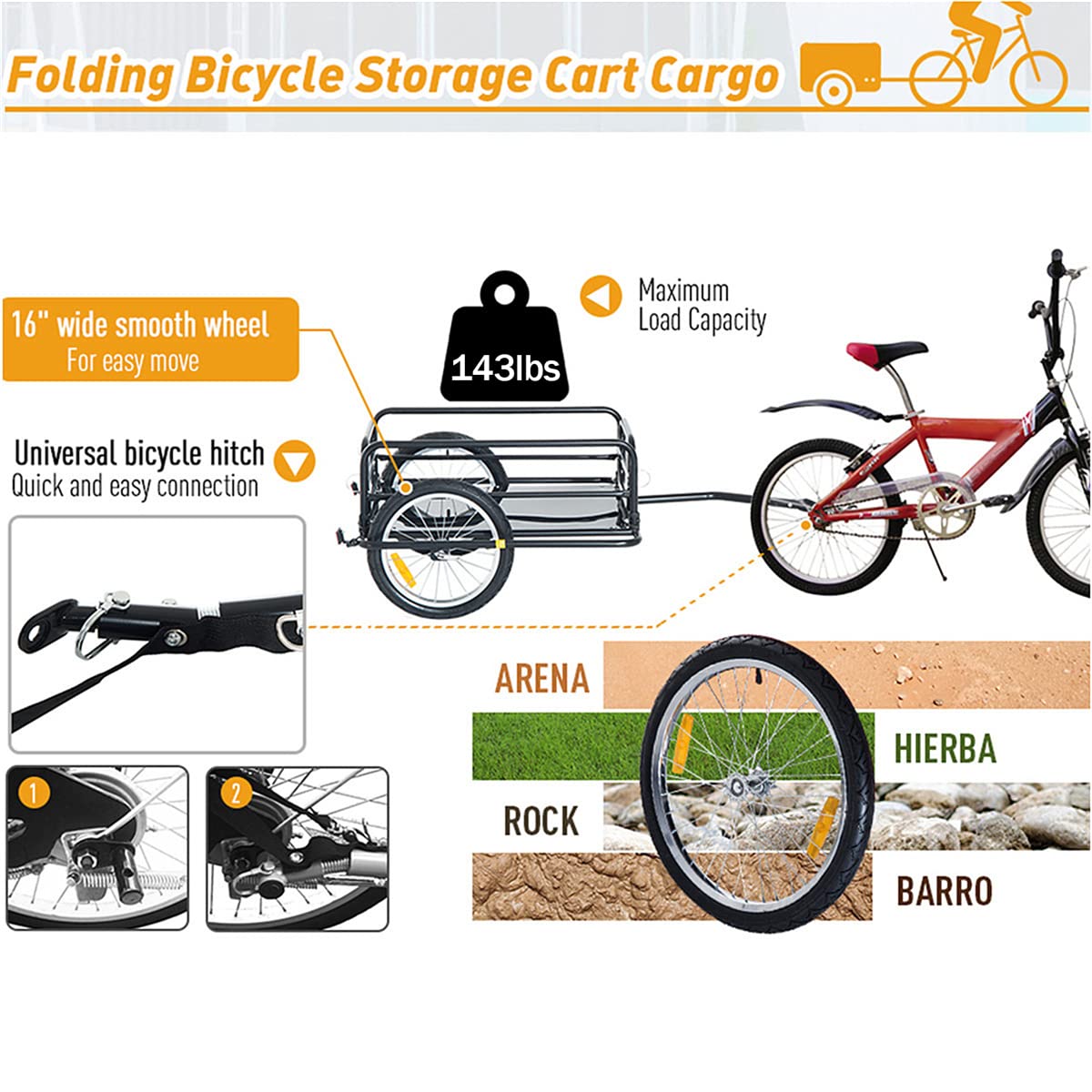 Sefzone Bike Trailer Cargo Foldable 143 lbs Max Load with 2x16'' Inflatable Wheels, Aluminum Bicycle Cargo Trailer w/Hitch for Carrying Stuff, Luggage, Plants, Tools