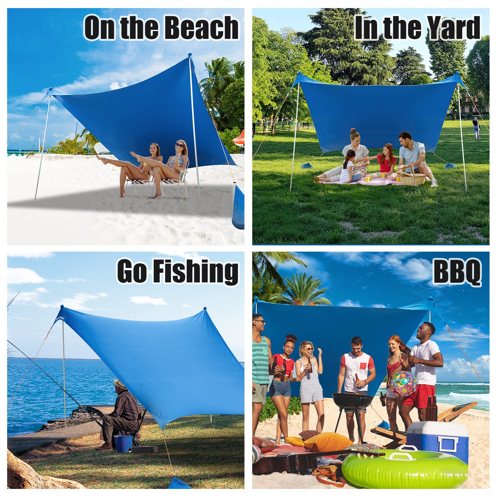 RUNBOW Beach Shade Canopy, Pop Up Sun Shade Tent with 2 Aluminum Poles, 8 X 8FT Portable Sun Shelter for Beach, Camping Trips, Fishing, Backyard or Picnics